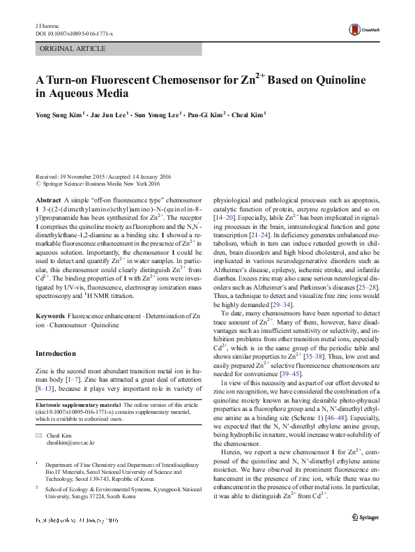 (PDF) A Turn-on Fluorescent Chemosensor for Zn 2+ Based on Quinoline in Aqueous Media