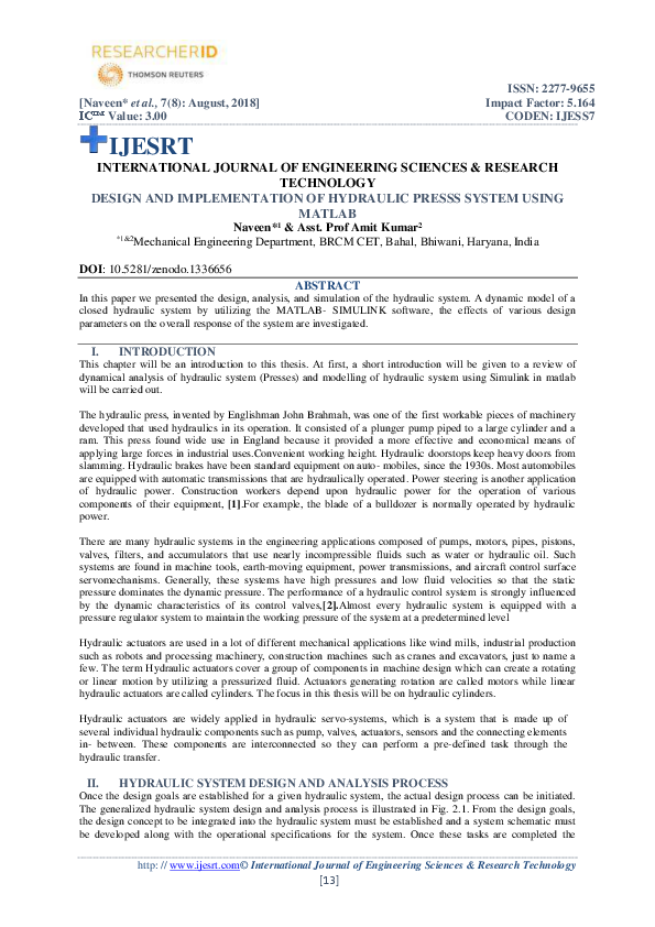 (PDF) DESIGN AND IMPLEMENTATION OF HYDRAULIC PRESSS SYSTEM USING MATLAB