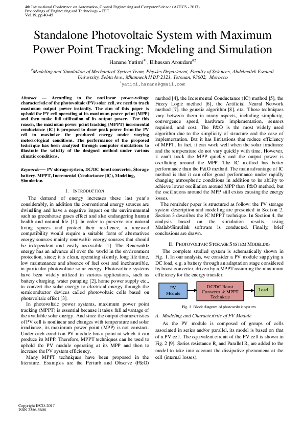 Pdf Standalone Photovoltaic System With Maximum Power Point Tracking Modeling And Simulation