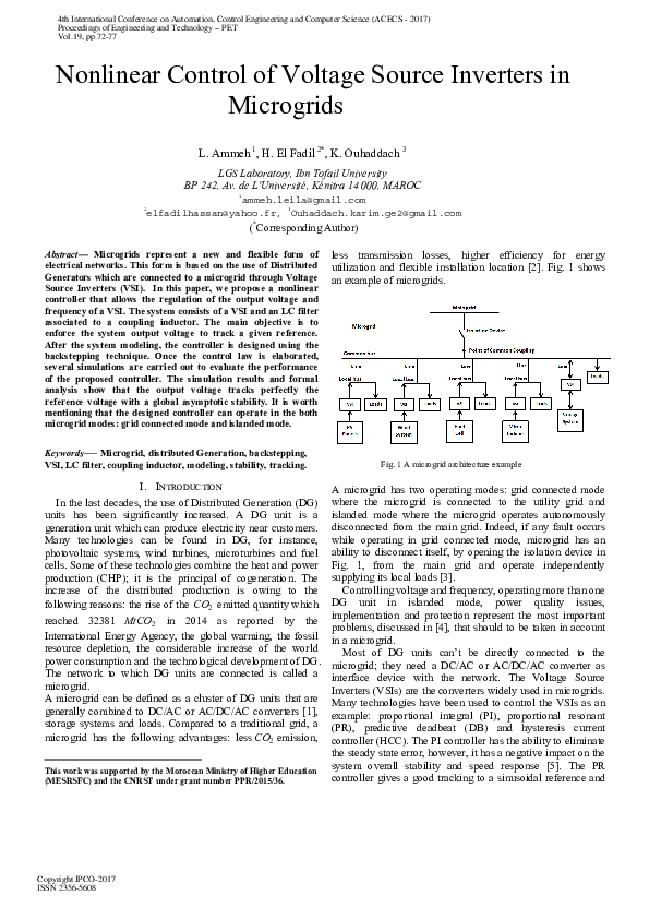 Pdf Nonlinear Control Of Voltage Source Inverters In Microgrids