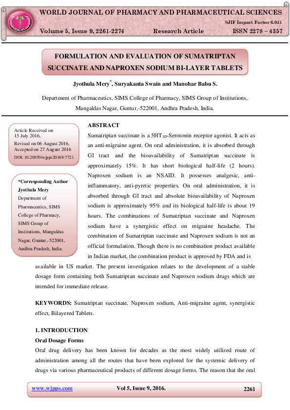 Pdf Formulation And Evaluation Of Sumatriptan Succinate And Naproxen Sodium Bi Layer Tablets