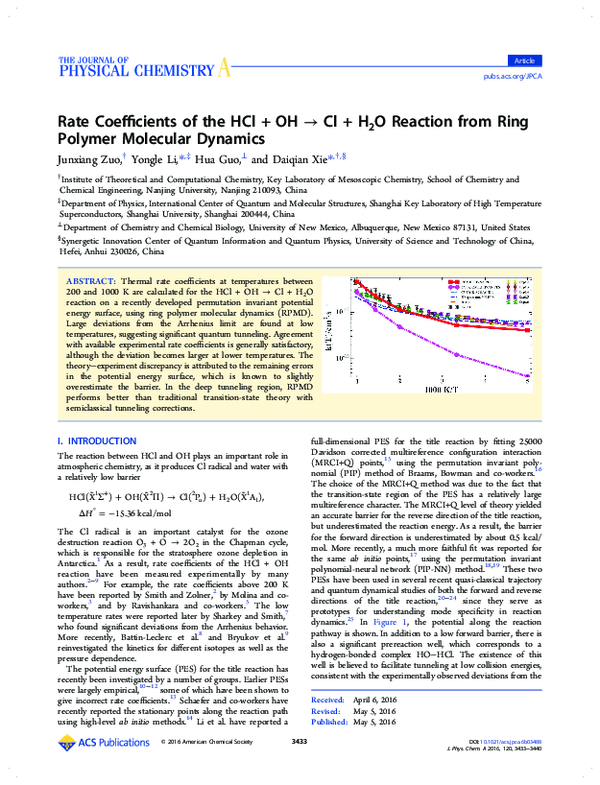 (PDF) Rate Coefficients of the HCl + OH → Cl + H 2 O Reaction from Ring ...