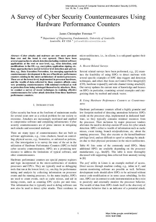 Pdf A Survey Of Cyber Security Countermeasures Using Hardware Performance Counters