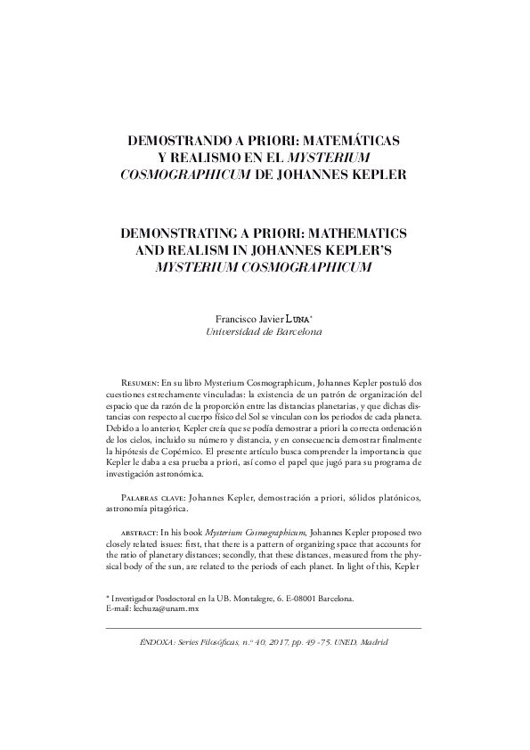(PDF) DEMOSTRANDO A PRIORI: MATEMÁTICAS Y REALISMO EN EL MYSTERIUM ...