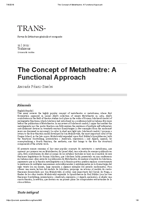 (PDF) “The Concept of Metatheatre: A Functional Approach"