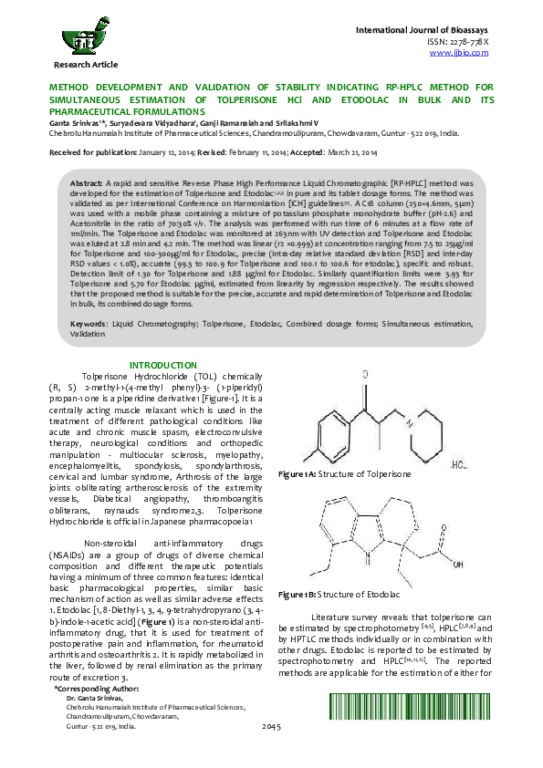 (PDF) RP-HPLC Method for Estimating Tolperisone and Etodolac