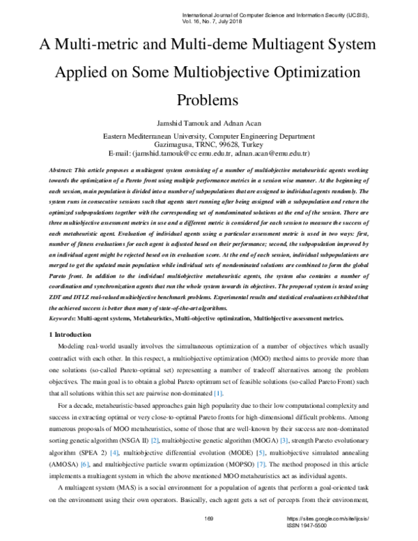 Pdf A Multi Metric And Multi Deme Multiagent System Applied On Some Multiobjective