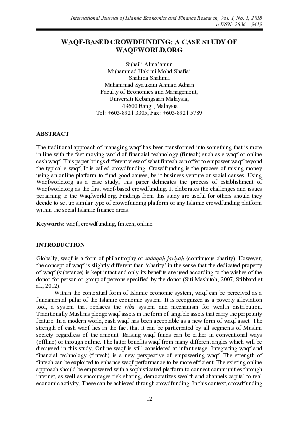 (PDF) WAQF-BASED CROWDFUNDING: A CASE STUDY OF WAQFWORLD.ORG