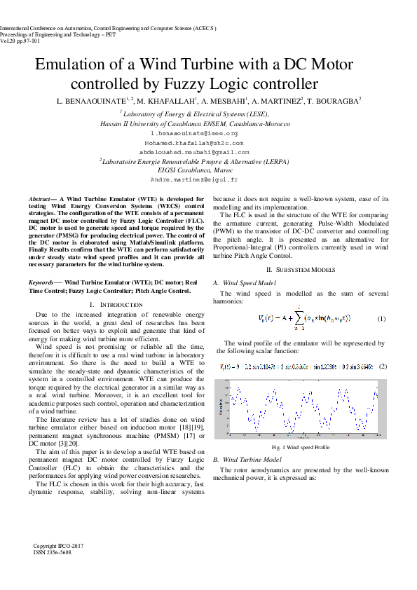 Pdf Emulation Of A Wind Turbine With A Dc Motor Controlled By Fuzzy Logic Controller