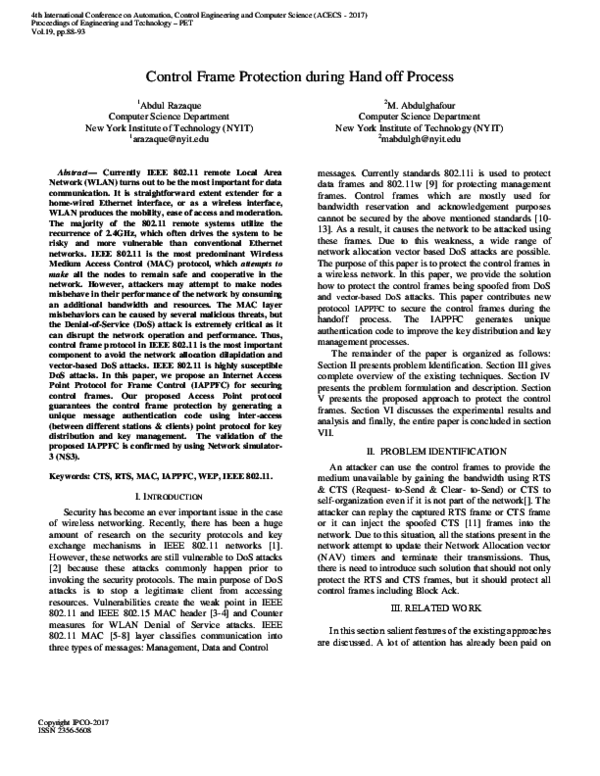 (PDF) Control Frame Protection during Hand off Process