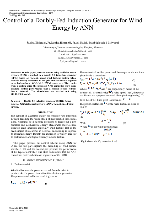 Pdf Control Of A Doubly Fed Induction Generator For Wind Energy By Ann