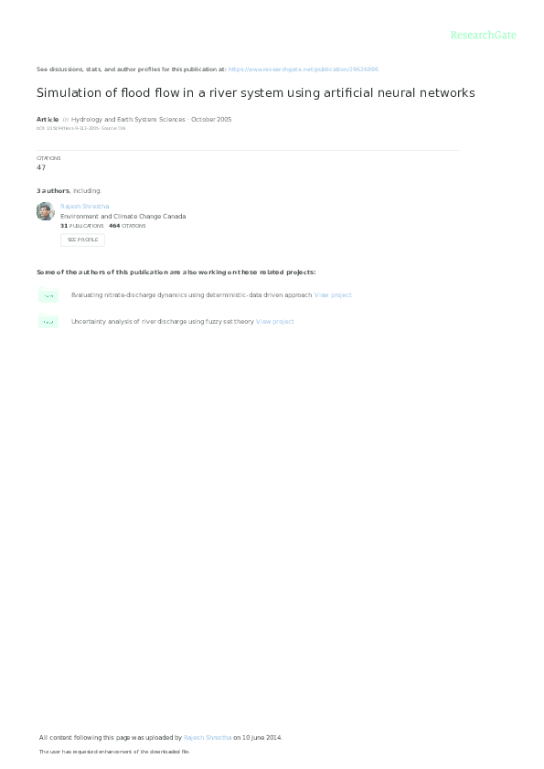 Pdf Simulation Of Flood Flow In A River System Using Artificial Neural Networks