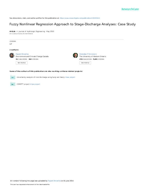 (PDF) Fuzzy Nonlinear Regression Approach to Stage-Discharge Analyses: Case Study