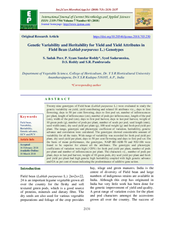 Pdf Genetic Variability And Heritability For Yield And Yield Attributes In Field Bean Lablab