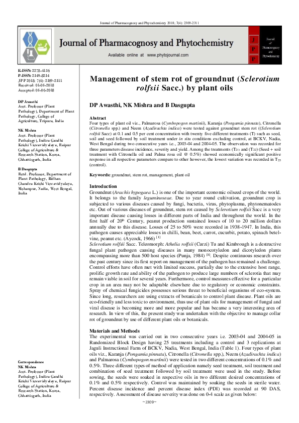 (PDF) Management of stem rot of groundnut (Sclerotium rolfsii Sacc.) by plant oils
