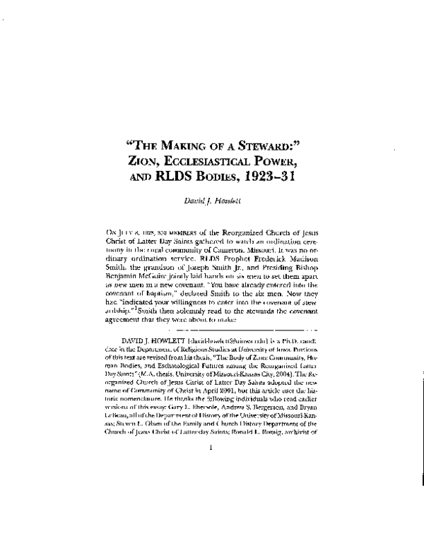 (PDF) “ ‘The Making of a Steward’: Zion, Ecclesiastical Power, and RLDS ...
