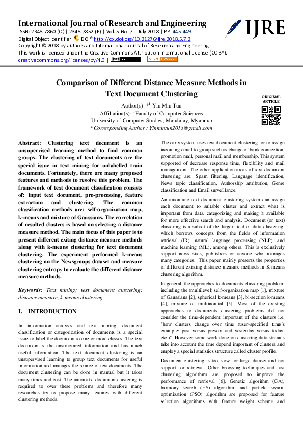 (PDF) Comparison of Different Distance Measure Methods in Text Document ... (PDF) Comparison of Different Distance Measure Methods in Text Document ...