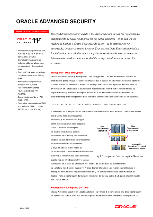(PDF) ORACLE ADVANCED SECURITY BENEFICIOS Y CARACTERÍSTICAS CLAVE