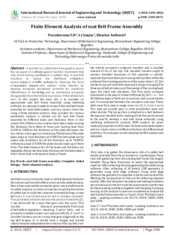 Pdf Irjet Finite Element Analysis Of Seat Belt Frame Assembly