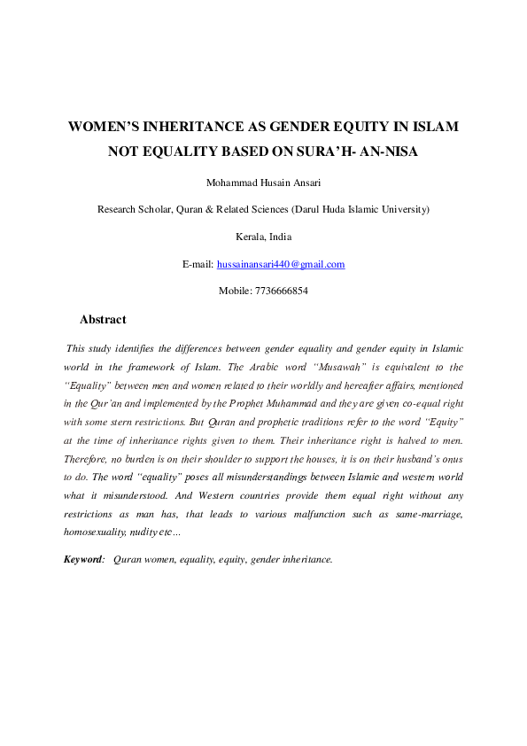 (DOC) WOMEN'S INHERITANCE AS GENDER EQUITY IN ISLAM NOT EQUALITY BASED ...
