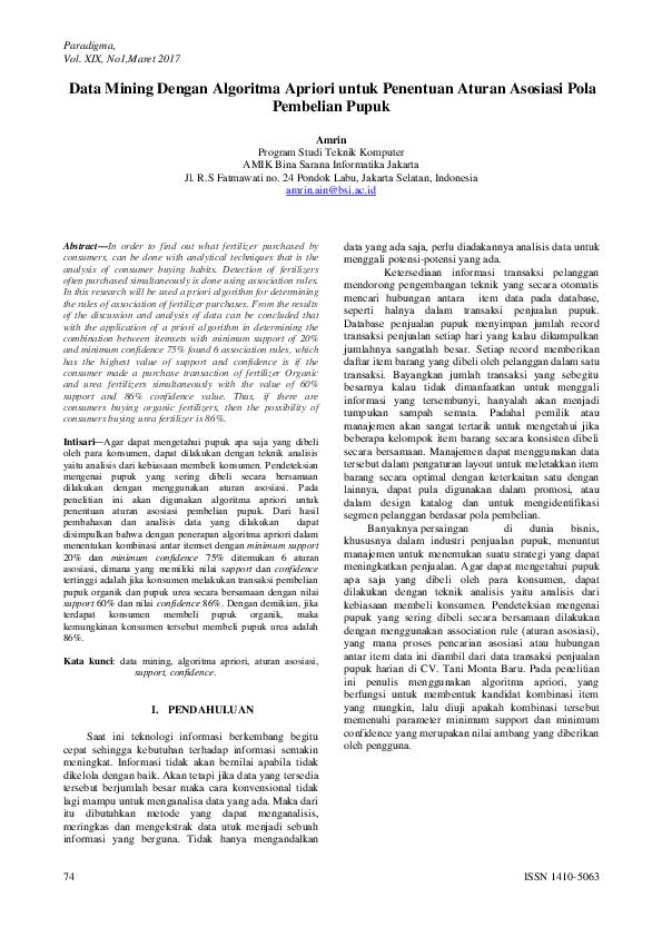 (PDF) Data Mining Dengan Algoritma Apriori untuk Penentuan Aturan Asosiasi Pola Pembelian Pupuk