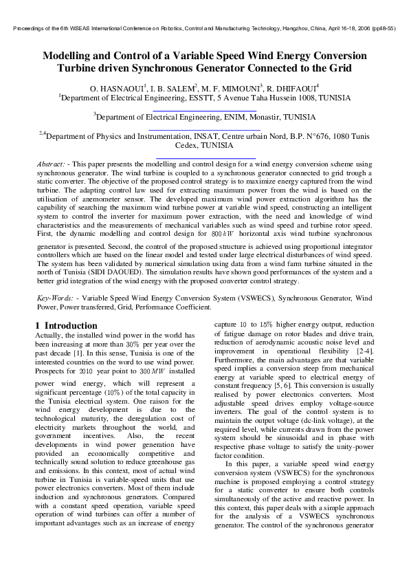 Pdf Modelling And Control Of A Variable Speed Wind Energy Conversion Turbine Driven