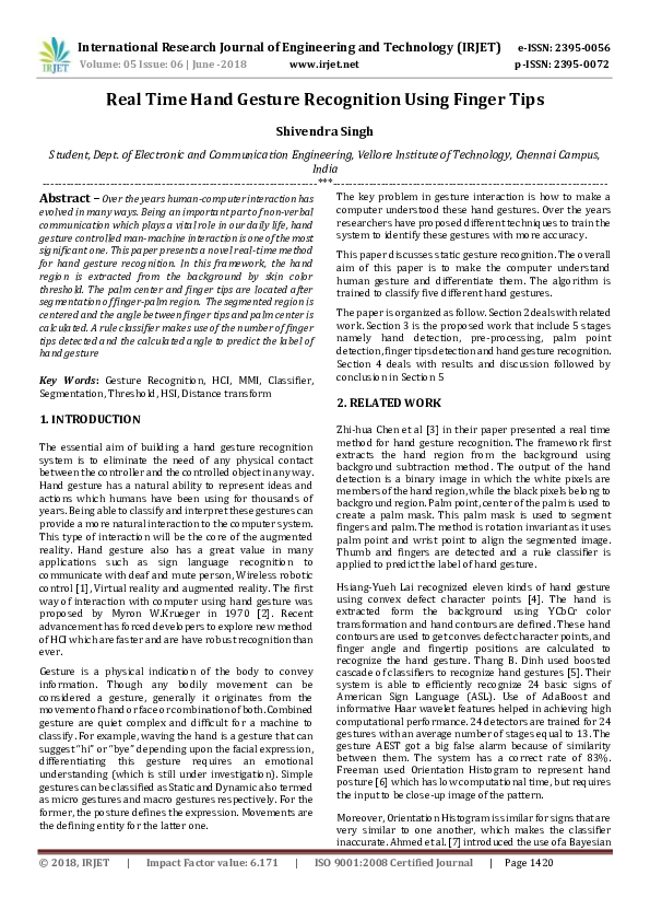 (PDF) IRJET-Real Time Hand Gesture Recognition Using Finger Tips