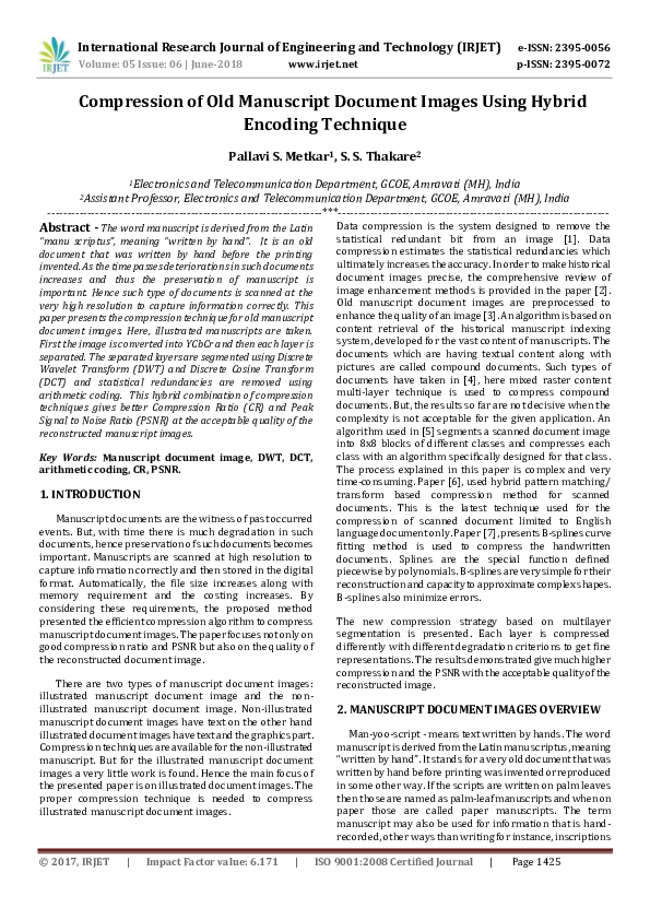 (PDF) IRJET-Compression of Old Manuscript Document Images Using Hybrid ...