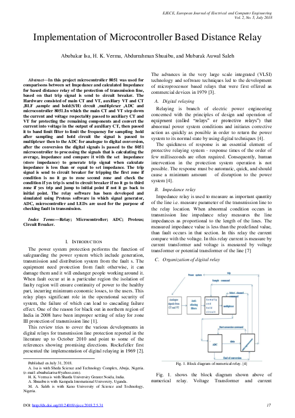 Pdf Implementation Of Microcontroller Based Distance Relay