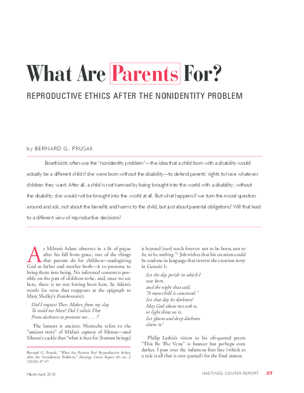 (PDF) What Are Parents For?: Reproductive Ethics after the Nonidentity ...
