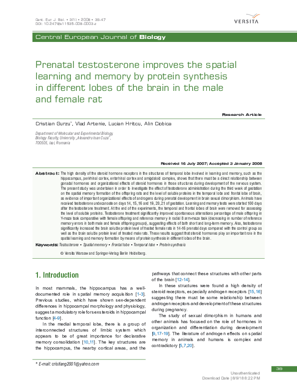 (PDF) Prenatal testosterone improves the spatial learning and memory by ...