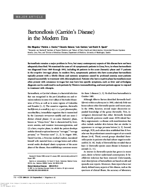(PDF) Bartonellosis (Carrión’s Disease) in the Modern Era