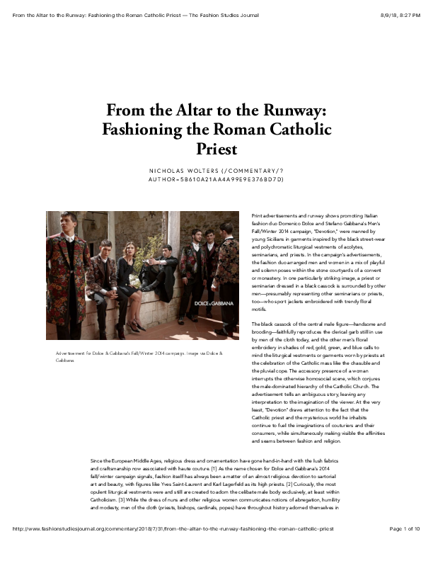 (PDF) From the Altar to the Runway: Fashioning the Roman Catholic Priest