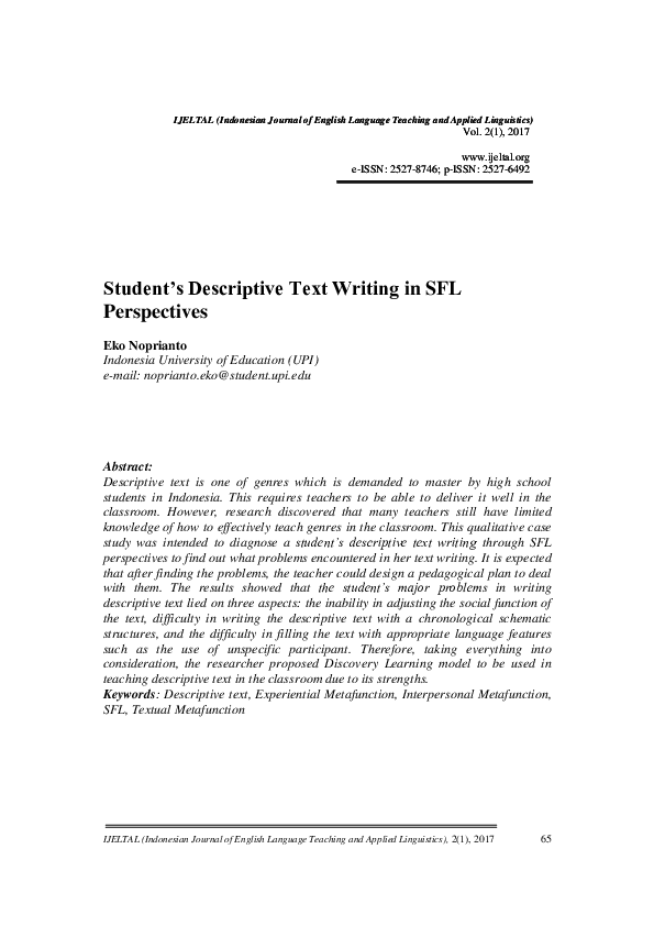 (PDF) Student's Descriptive Text Writing in SFL Perspectives | IJELTAL ...