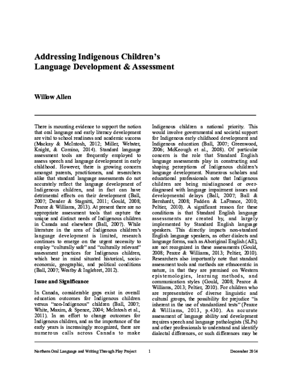 (PDF) Addressing Indigenous Children's Language Development & Assessment