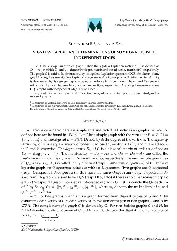 (PDF) SIGNLESS LAPLACIAN DETERMINATIONS OF SOME GRAPHS WITH INDEPENDENT EDGES