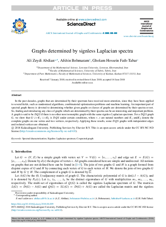 (PDF) Graphs determined by signless Laplacian spectra | Ali Zeydi Abdian - Academia.edu