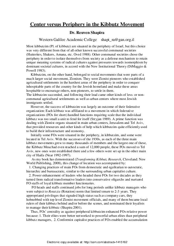 (PDF) Center versus Periphery in the Kibbutz Movement
