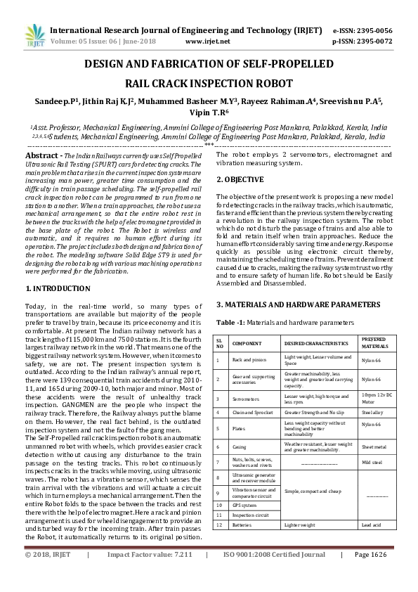 (PDF) DESIGN AND FABRICATION OF SELF-PROPELLED RAIL CRACK INSPECTION ROBOT