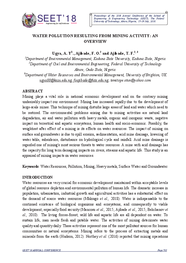 (PDF) Water Pollution Resulting from Mining Activity ~ An Overview
