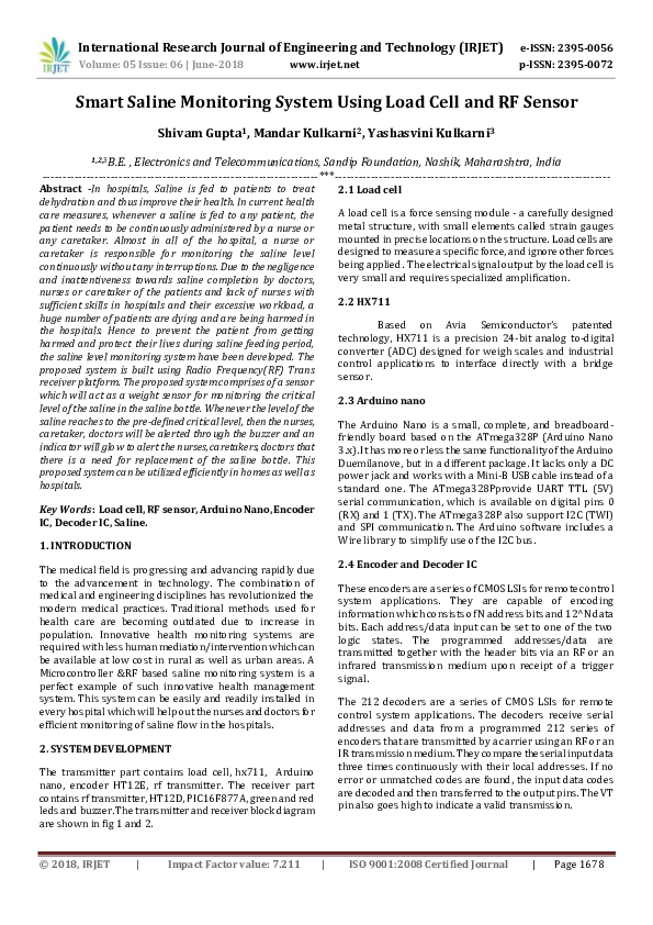 (PDF) IRJET-Smart Saline Monitoring System Using Load Cell and RF Sensor