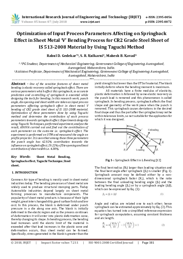 (PDF) IRJET- Optimization of Input Process Parameters Affecting on Springback Effect in Sheet ...