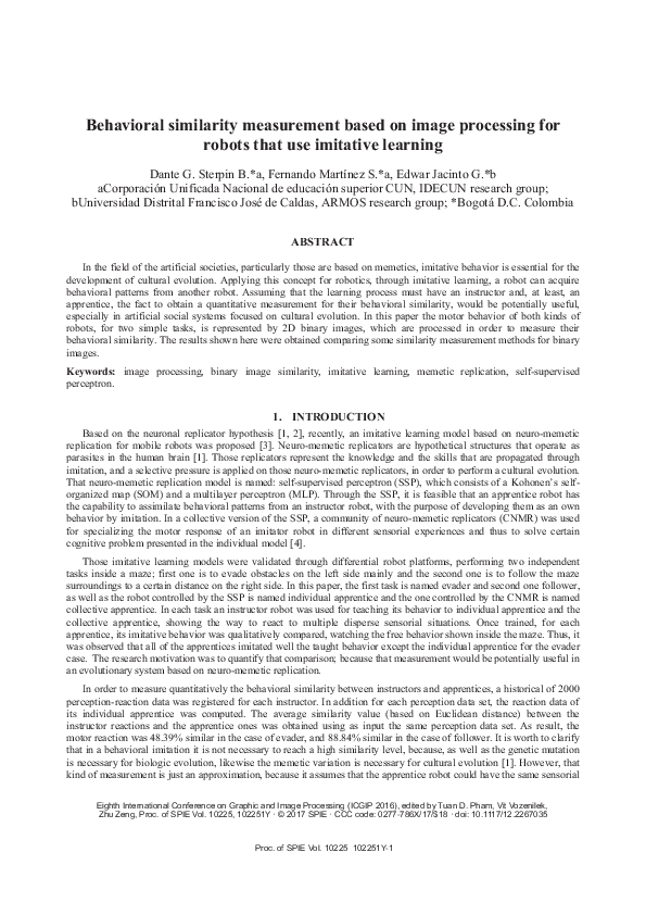 Pdf Behavioral Similarity Measurement Based On Image Processing For Robots That Use Imitative