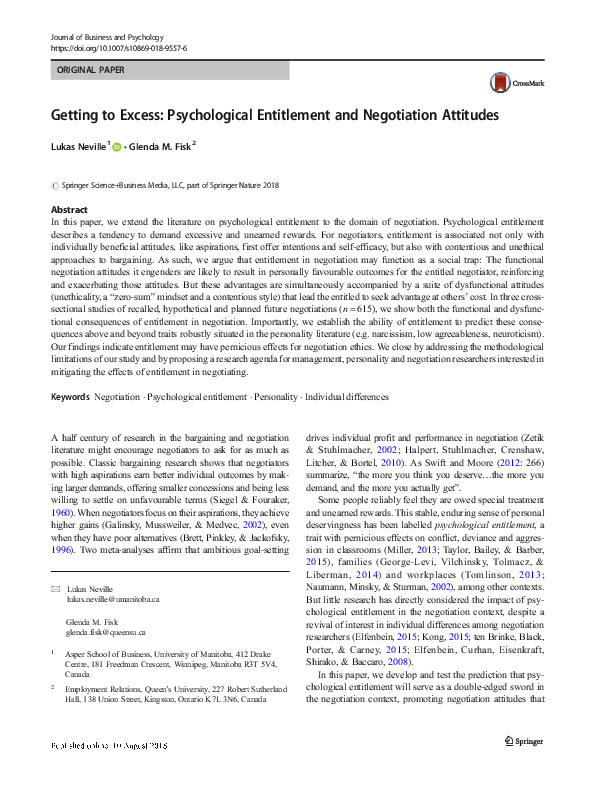 (PDF) Getting to Excess: Psychological Entitlement and Negotiation ...