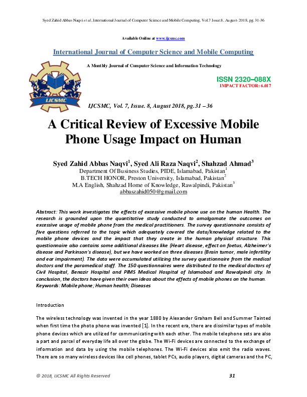 (PDF) A Critical Review of Excessive Mobile Phone Usage Impact on Human