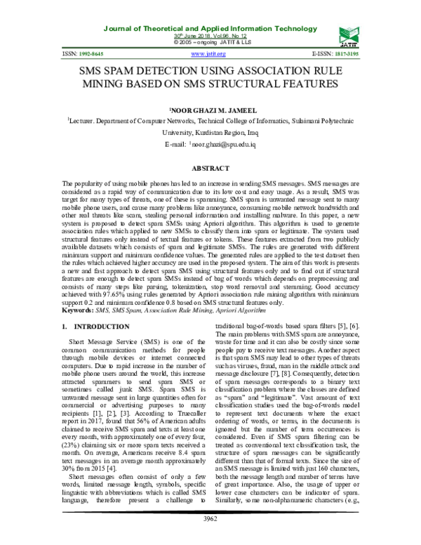 Pdf Sms Spam Detection Using Association Rule Mining Based On Sms
