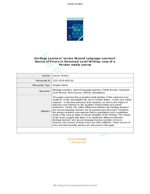 (PDF) Heritage Learners’ versus Second Language Learners’ Source of Errors in Advanced-Level ...