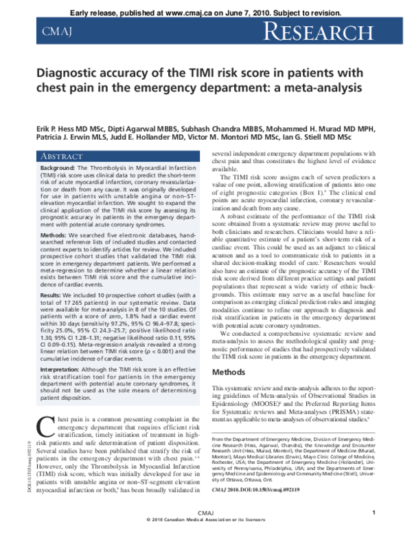 (PDF) Diagnostic accuracy of the TIMI risk score in patients with chest ...