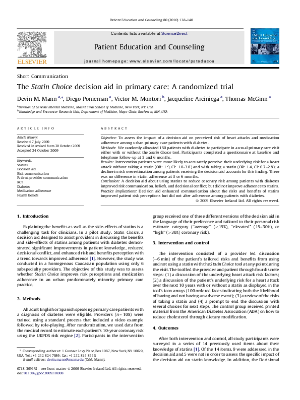 (PDF) The Statin Choice decision aid in primary care: A randomized trial