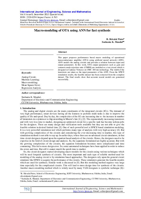 Pdf Macro Modeling Of Ota Using Ann For Fast Synthesis